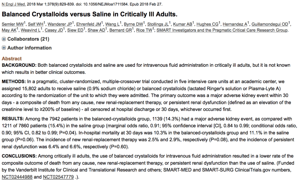 JC: Balanced fluids vs Saline on the ICU. The SMART trial. St Emlyn’s ...
